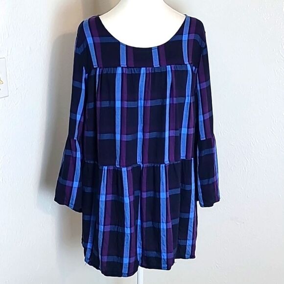 EVRI | Tops | Evri Blue Purpleplaid Babydoll Top Bell Sleeves Size X ...